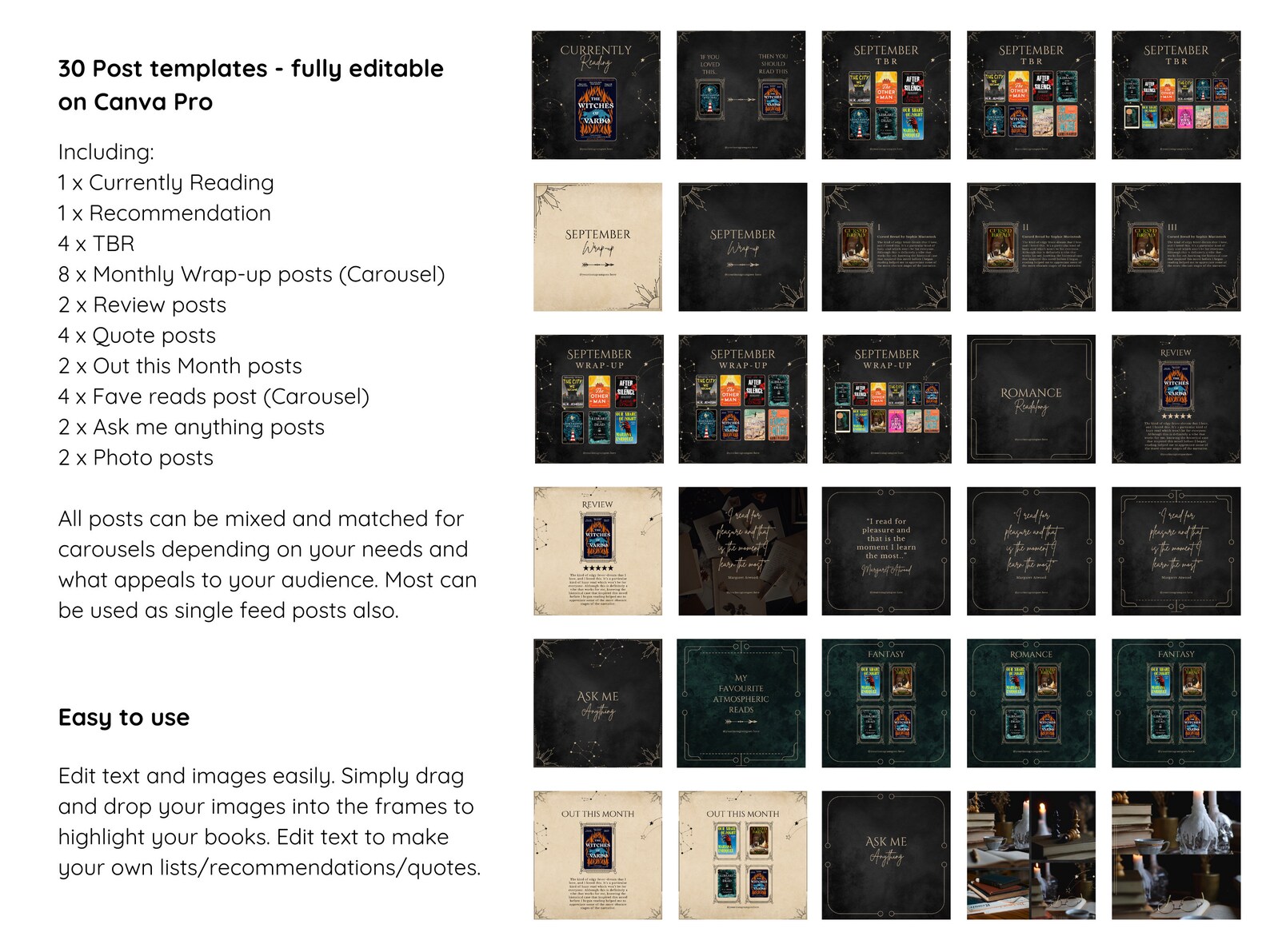 Gothic Bookstagram Canva Template Bundle, Editable Templates for ...