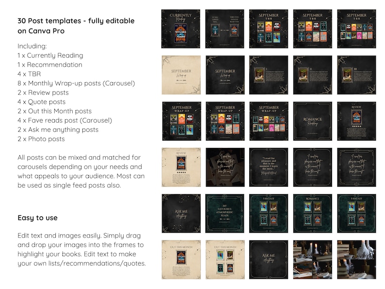 Gothic Bookstagram Canva Template Bundle, Editable Templates for ...