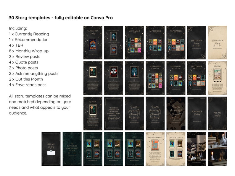 Gothic Bookstagram Canva PRO Template Bundle, Editable Templates for ...