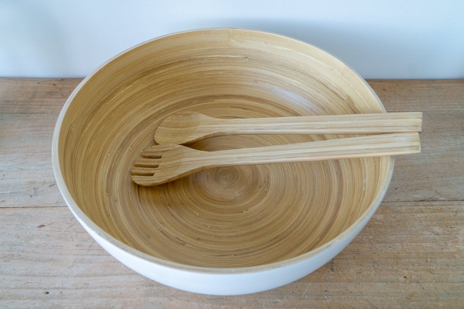 Bamboo Shanghai Samboo 3 Piece White Salad Bowl and Natural Wood Grain ...