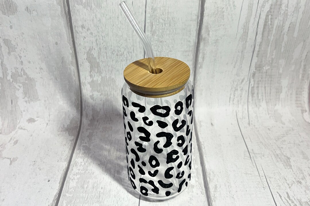 Black Glitter Leopard Print Libbey Can Glass Animal Print Glass With ...
