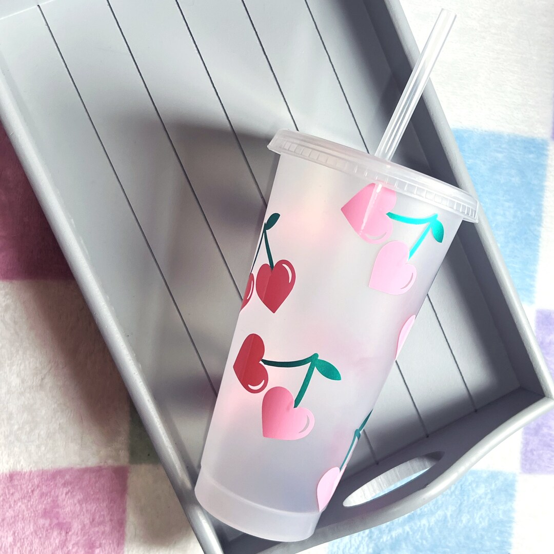Cherry Heart Cold Cup | Fruity Love Pink Green Reusable Cup W/ Straw ...