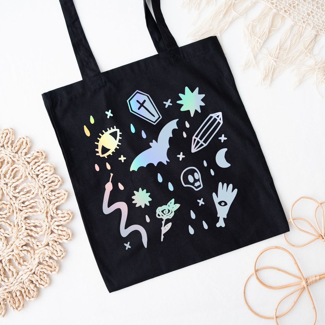 Minimalist Witch Tote Bag | Black Cotton Holographic Shoulder Tote Bag ...