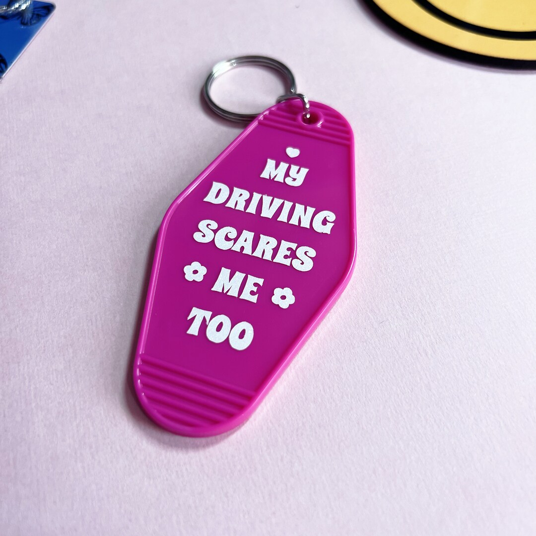 My Driving Scares Me Too Keychain | Pink White Flower Acrylic Key Chain ...