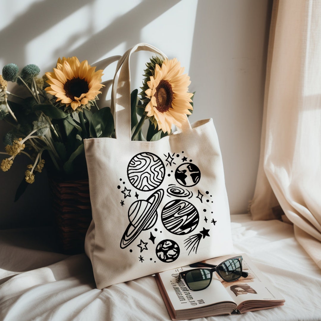 Celestial Space Tote Bag | Natural Cotton Planets Stars Moon Design ...