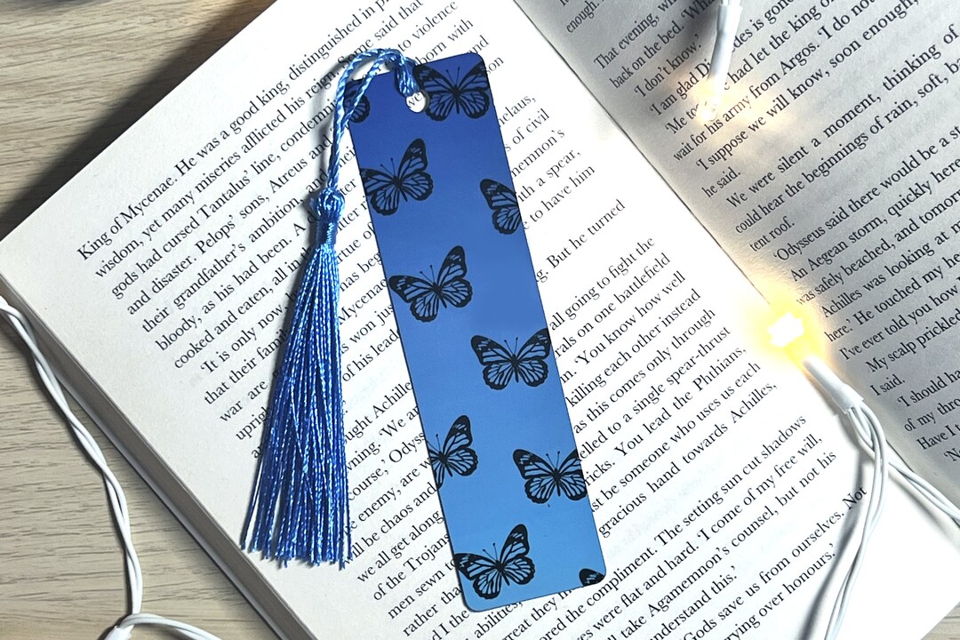 Blue and Black Butterfly Outline Bookmark With Tassel | Ombre Outline ...