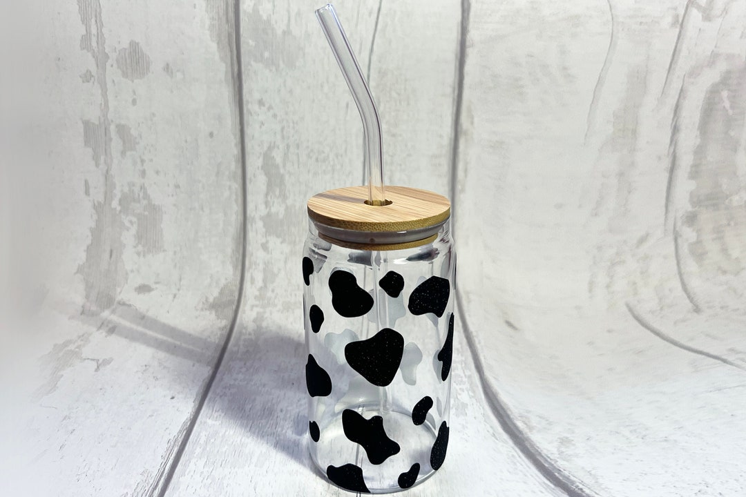 Black Glitter Cow Print Libbey Can Glass Cowhide Glass With Bamboo Lid ...