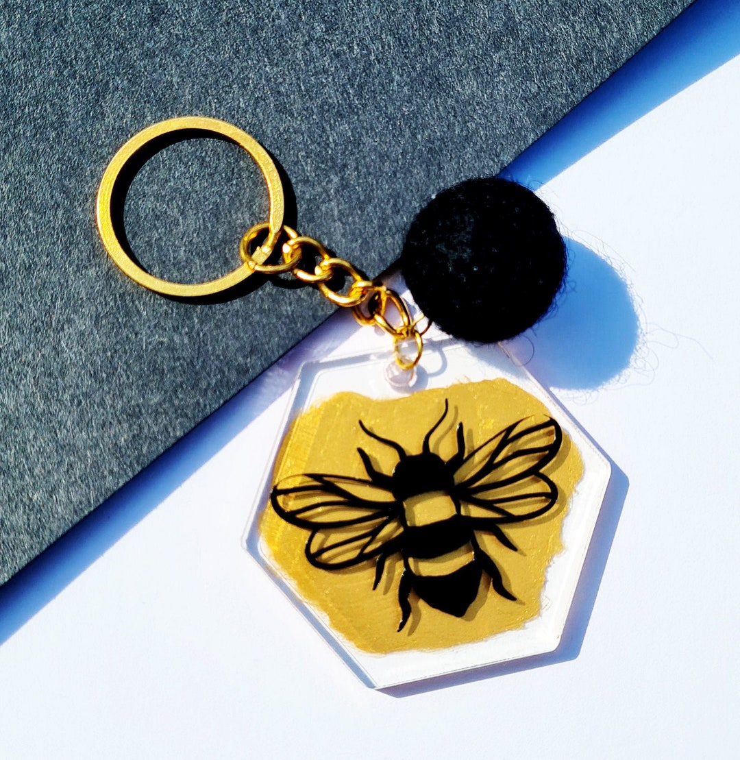 Black Gold Bee Hexagon Keychain Hand Painted Gold Keychain Hexagon ...