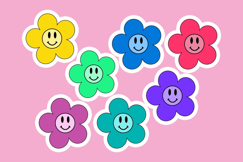 Retro Smiley Face 7pcs Sticker Pack 60s 70s Vinyl Stickers Colourful ...