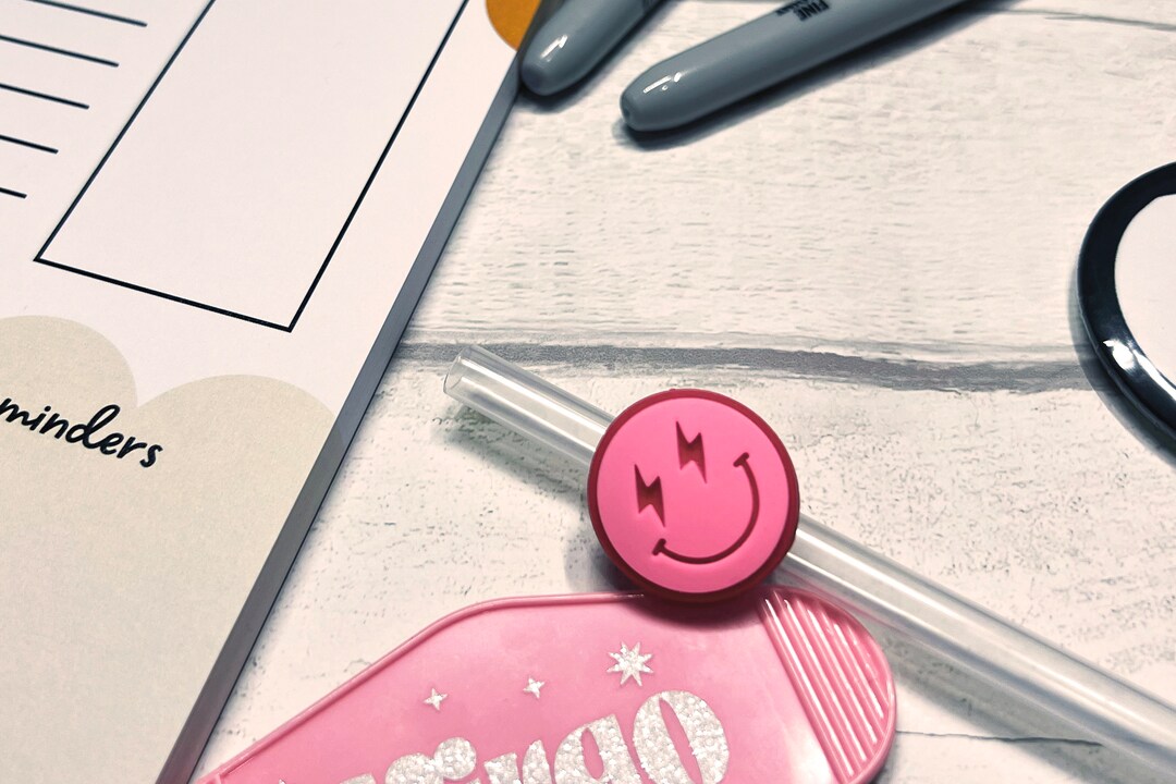 Pink Lightning Smile Straw Charm Smiley Face PVC Rubber Straw Topper ...