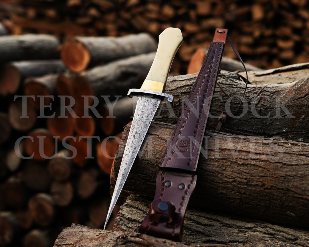 Beautiful Camel Bone Damascus Slim Dagger Hunting Knife, Double Edge ...