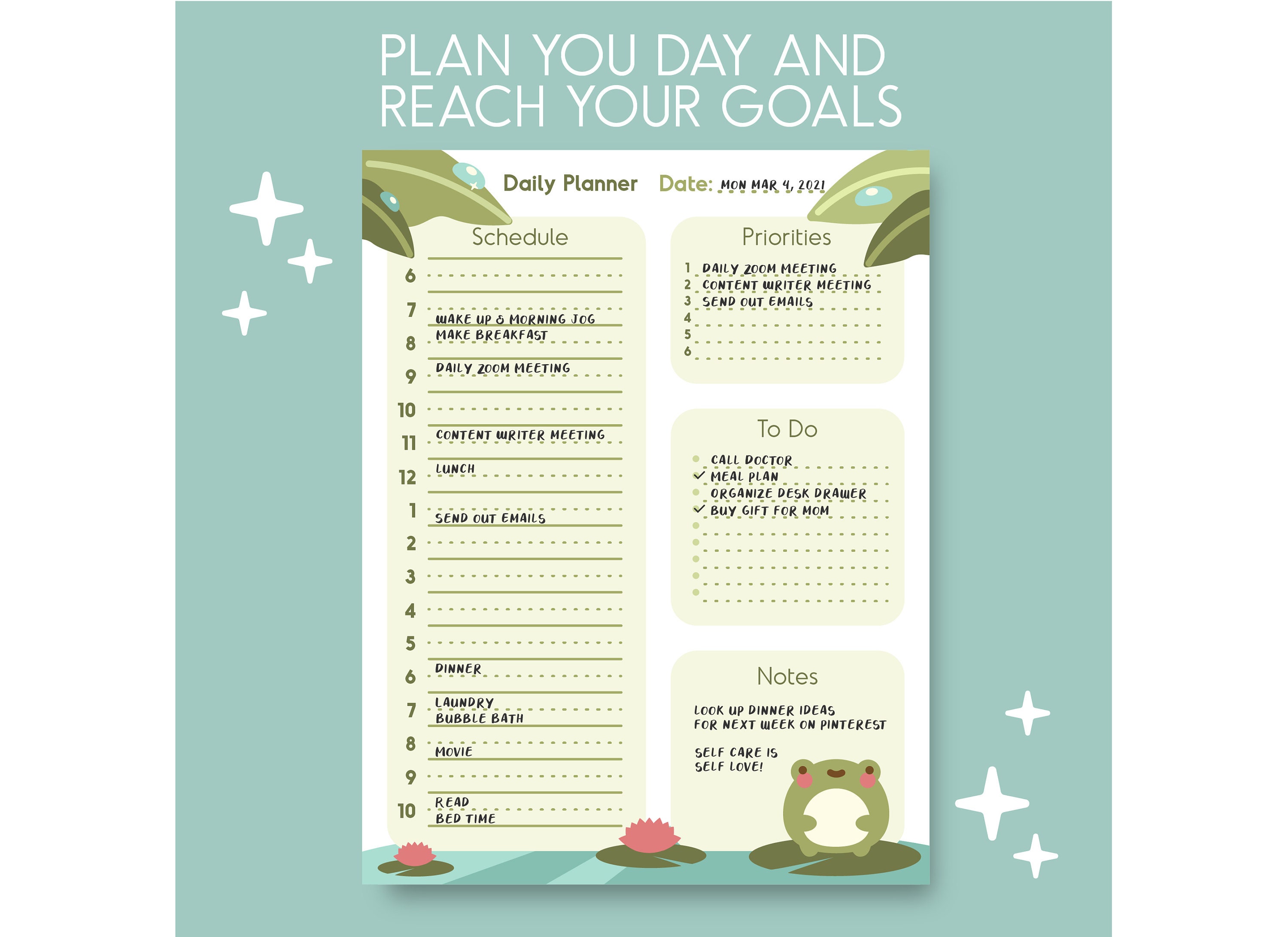 Froggy Printable Daily Planner Daily Schedule To-Do List | Etsy