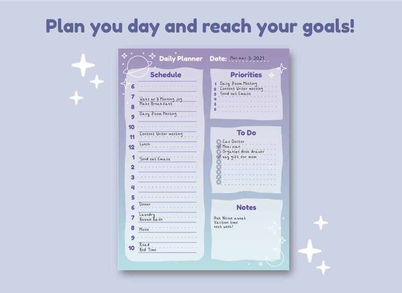 Pastel Space Printable Daily Planner Daily Schedule To-do | Etsy