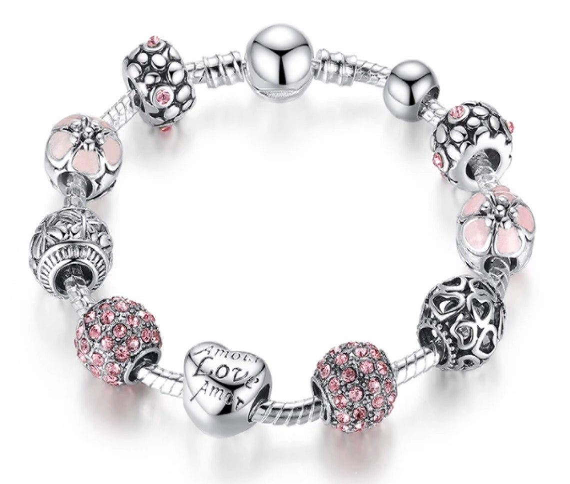 Pandora Style Pink and Silver Charm Bracelet Complete With - Etsy UK