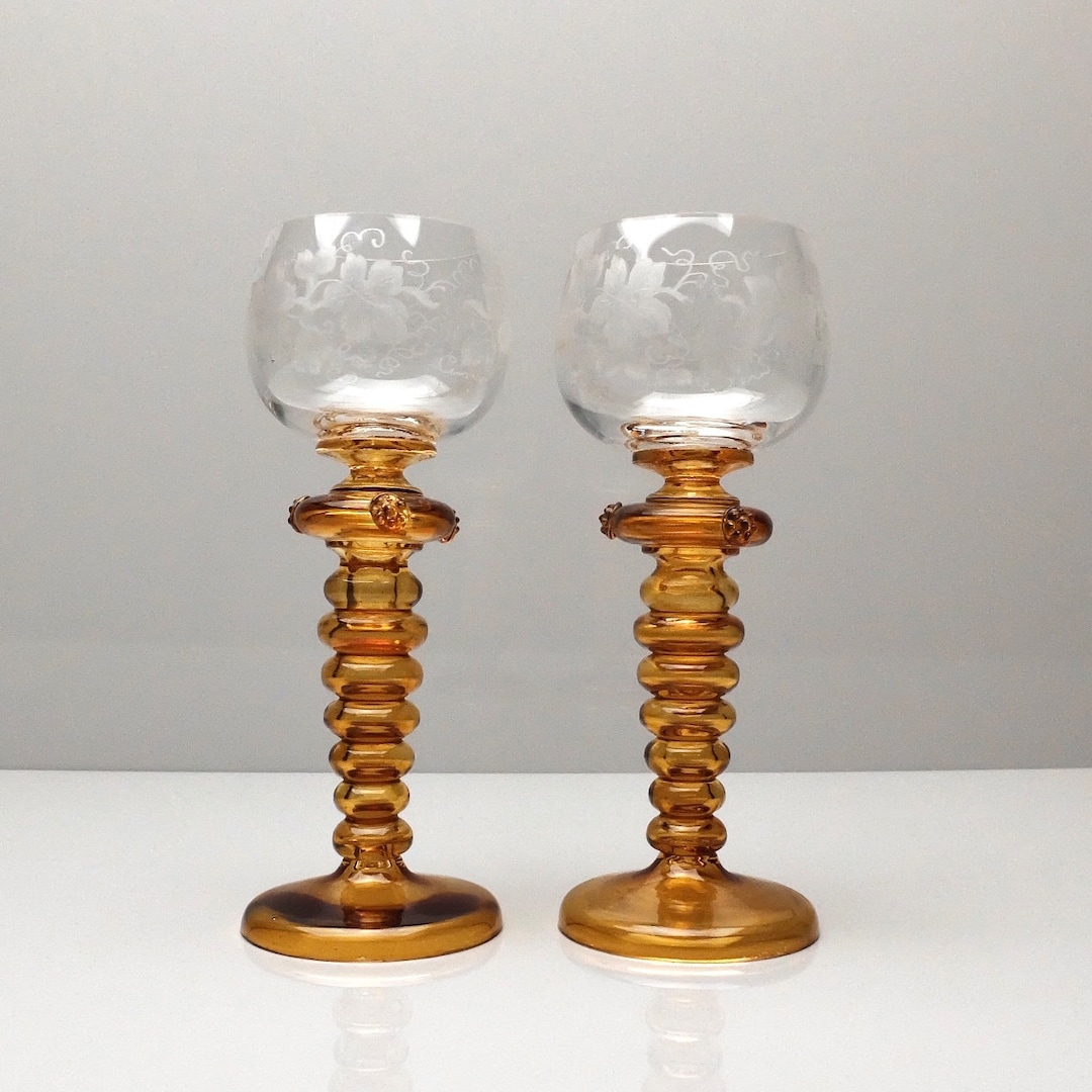 2 Fritz Heckert Hock Wine Roemers Fruiting Vine Glasses 7 1/4" 18.4 Cm ...