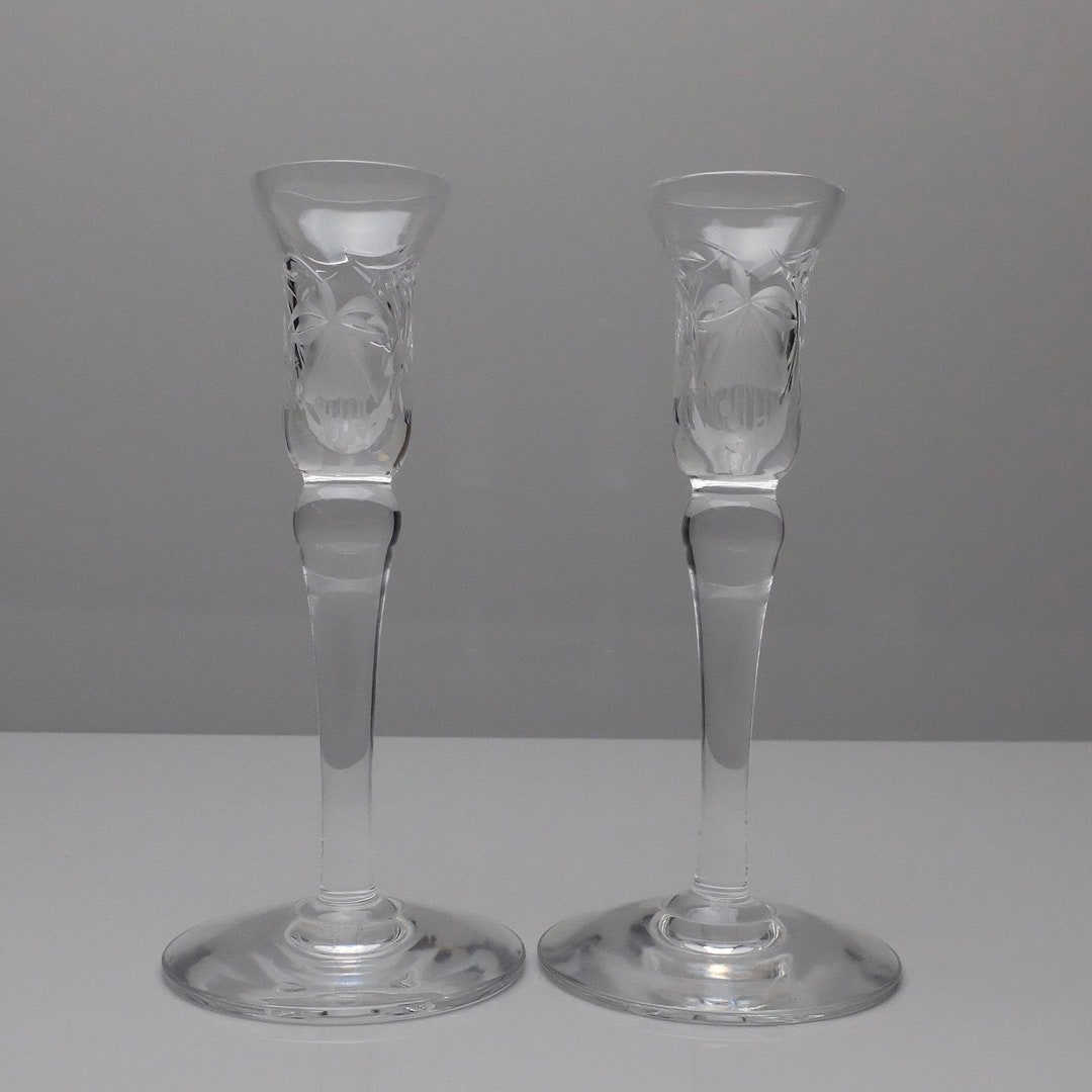 Royal Brierley Crystal Fuchsia Cut Pair of Candlesticks 7 1/4" 18.4 Cm ...