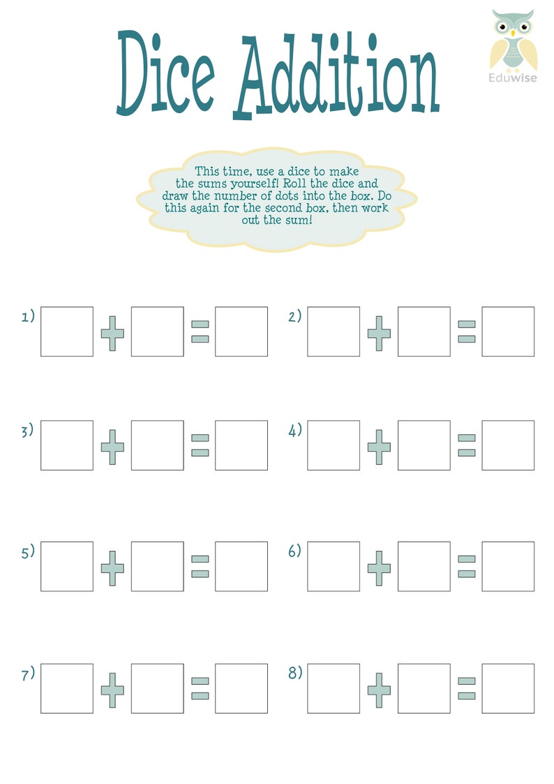 Dice Addition Maths Worksheet - Etsy
