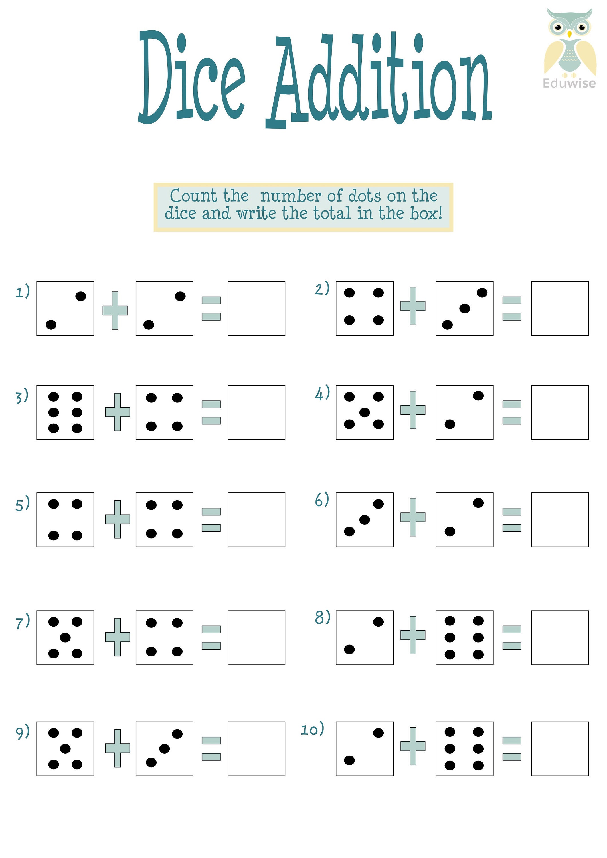 Dice Addition Maths Worksheet - Etsy
