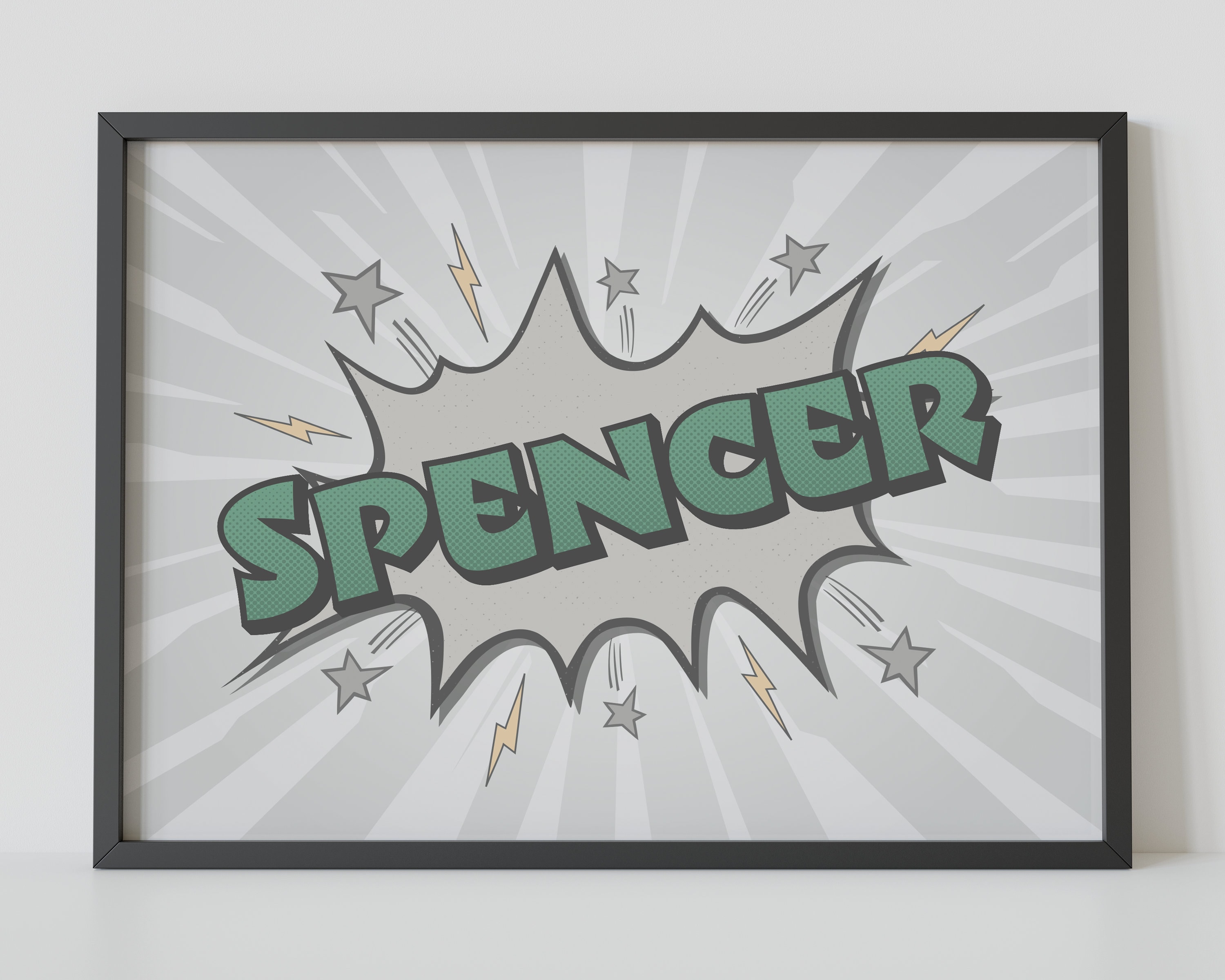 Personalised Comic Book Name Wall Art Print | Grey Name Detail ...