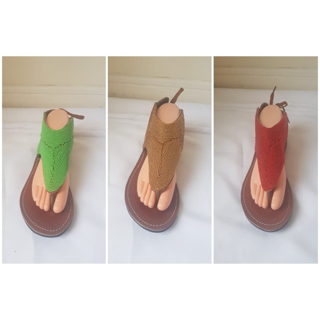 Kenyan Leather and Bead Sandals in Green Gold and Red - Etsy