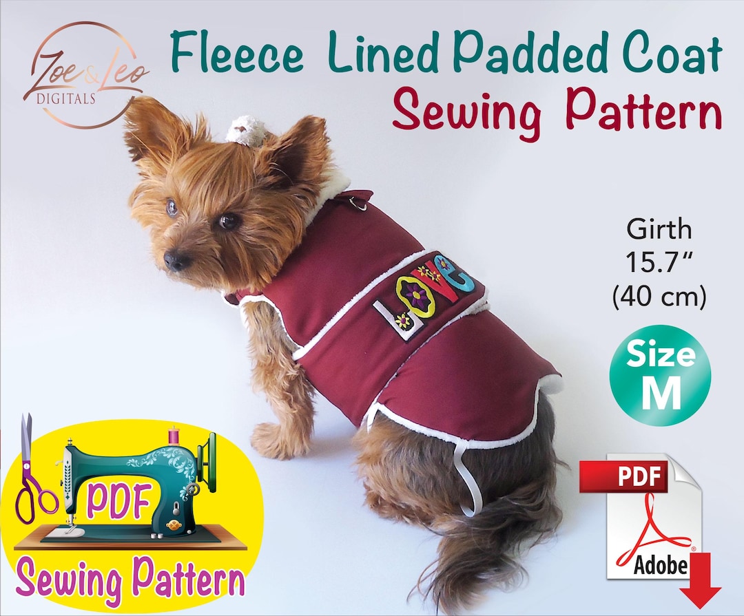 Dog Fleece Windproof Lined Padded Coat Sewing Pattern, Size M (PDF ...