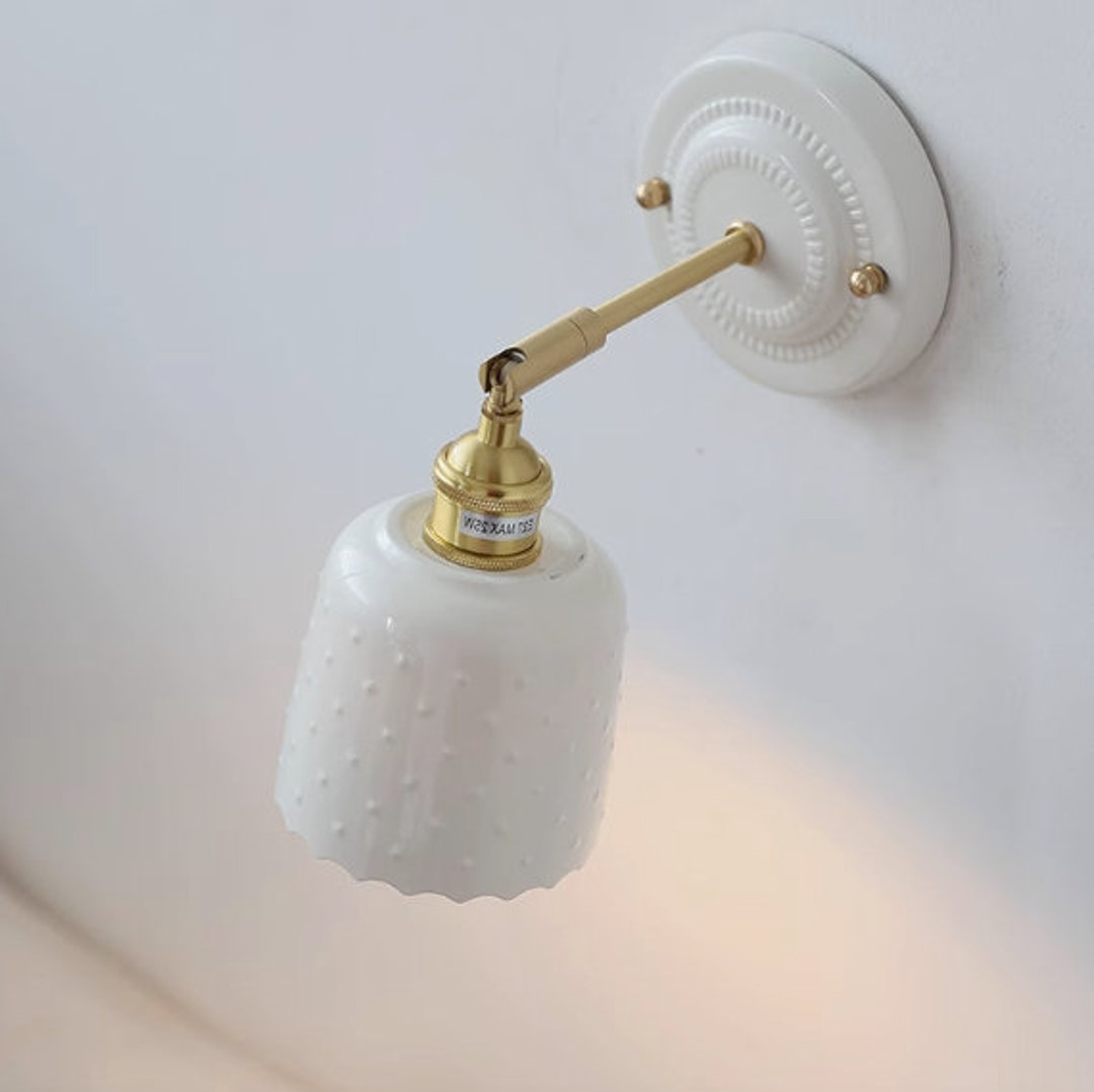 Ceramic and Copper Wall Lamp, Simplistic Cream-colored Bedside Lamp ...