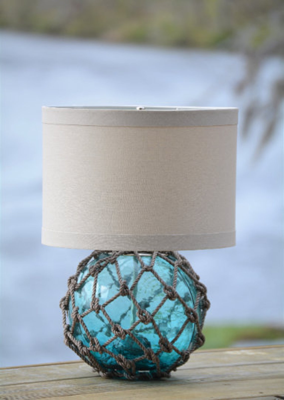 Teal Glass Fishing Float Lamp With Linen Lamp Shade - Etsy