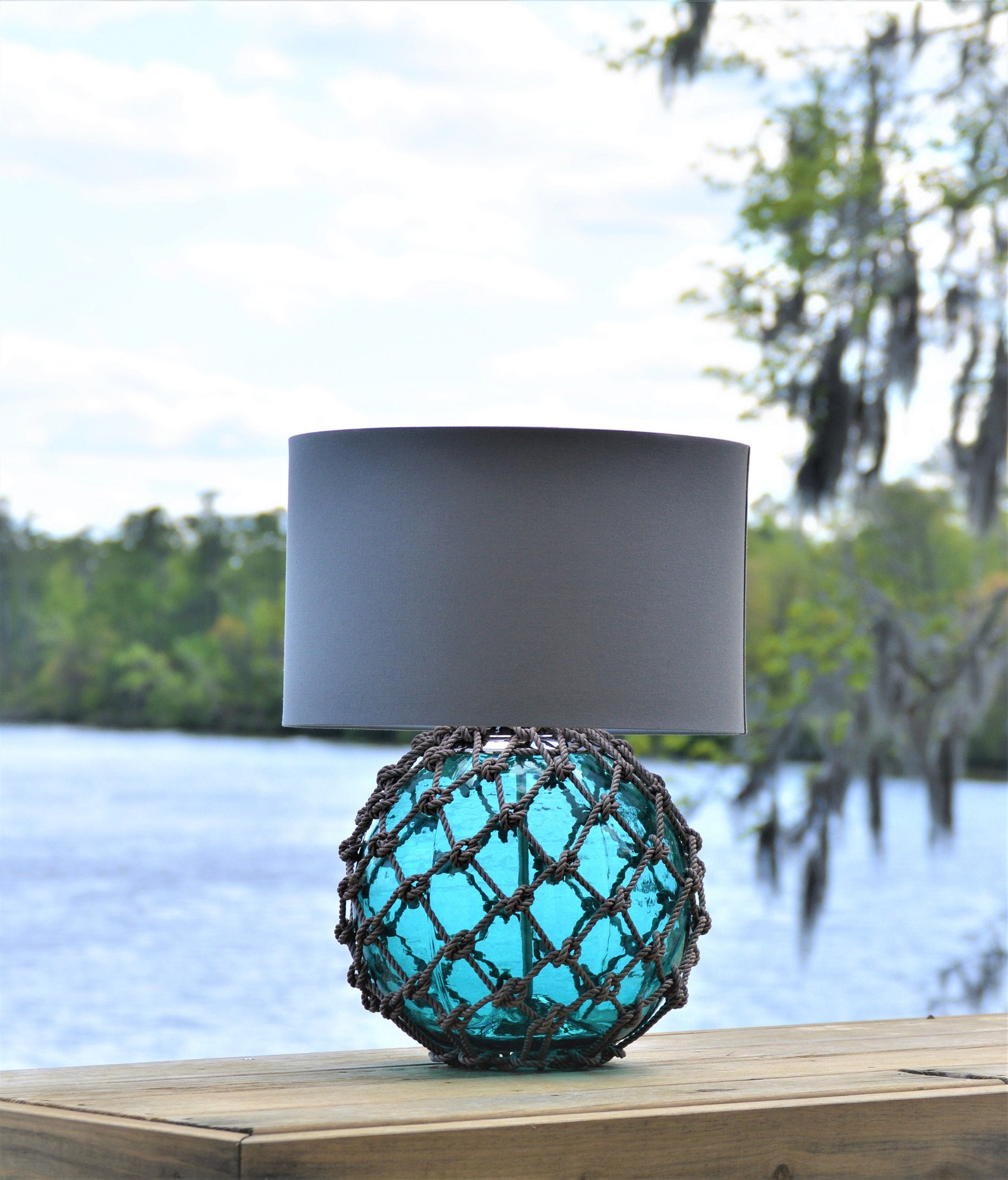 Large Teal Glass Fishing Float Lamp With Gray Linen Lamp Shade - Etsy