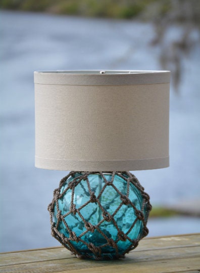 Teal Glass Fishing Float Lamp With Linen Lamp Shade | Etsy