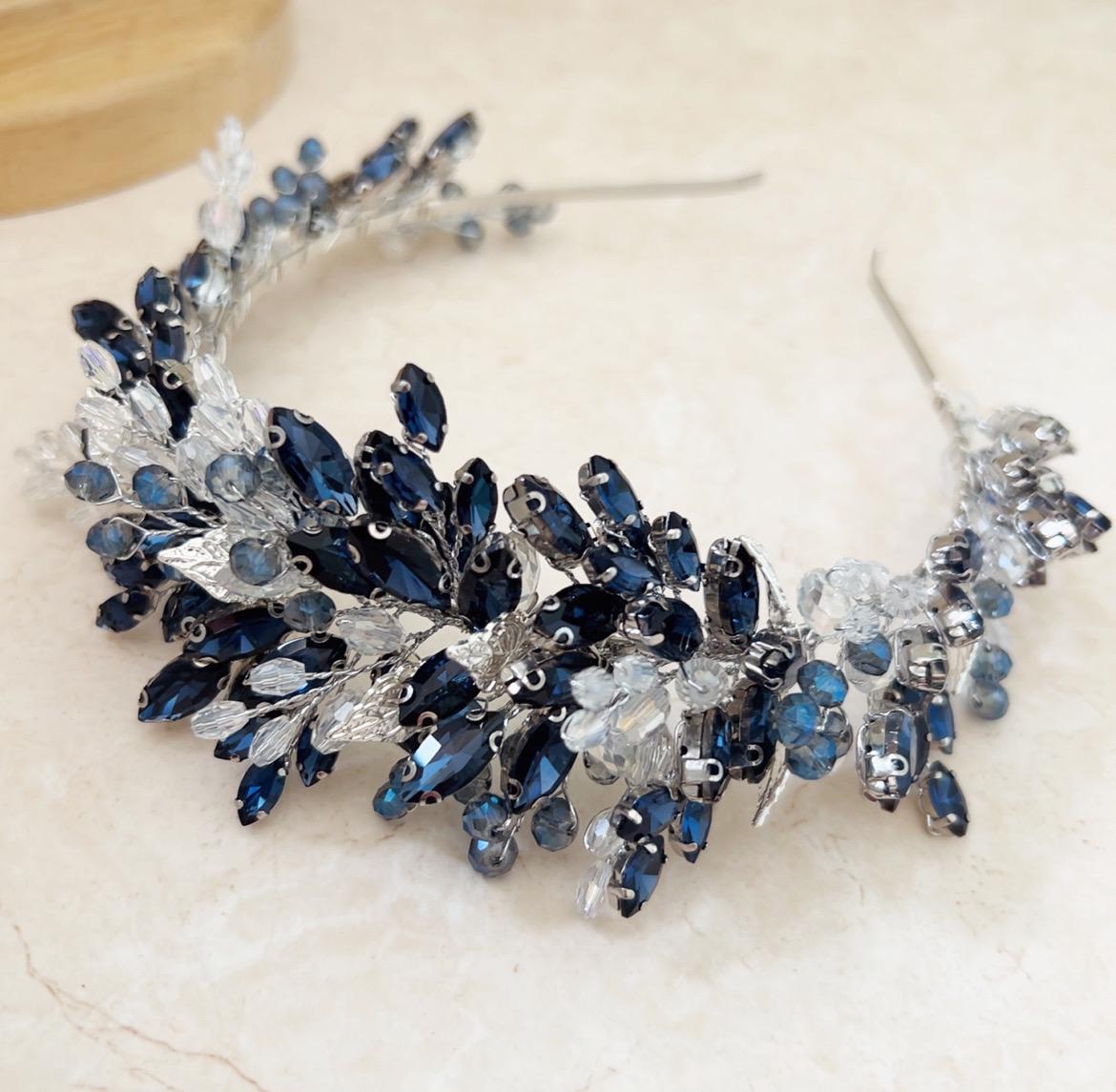 Navy Blue Crystal Bridal Tiara, Silver Leaf Headpiece - Etsy
