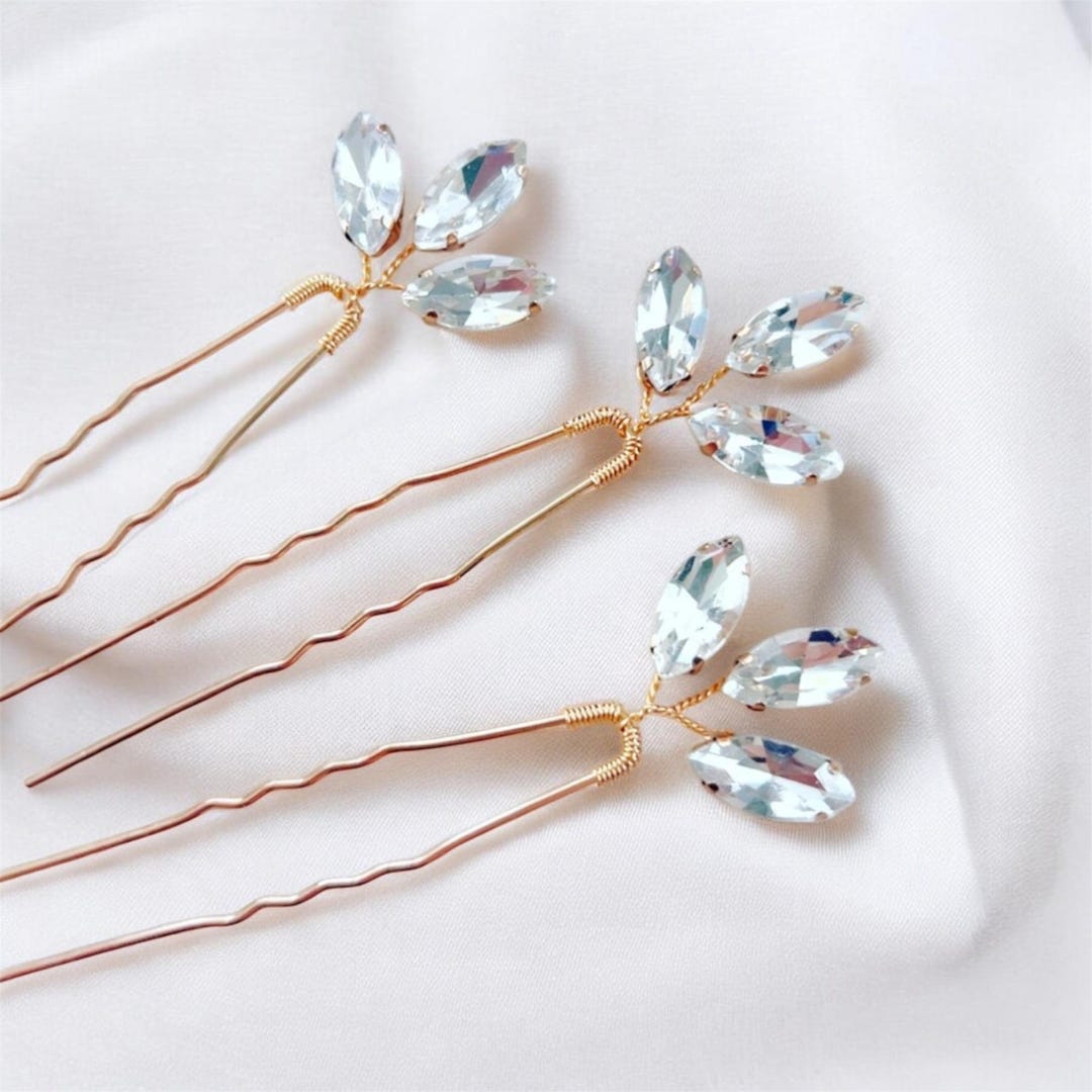 Crystal Bridal Hair Pins: Gold Wedding Hairpiece, Set of 3 - Etsy