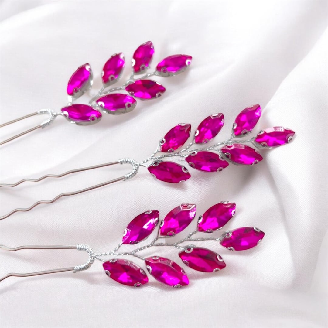 Hot Pink Crystal Hair Pins, Set of 3 Fuchsia Pink Hair Pins, Pink ...