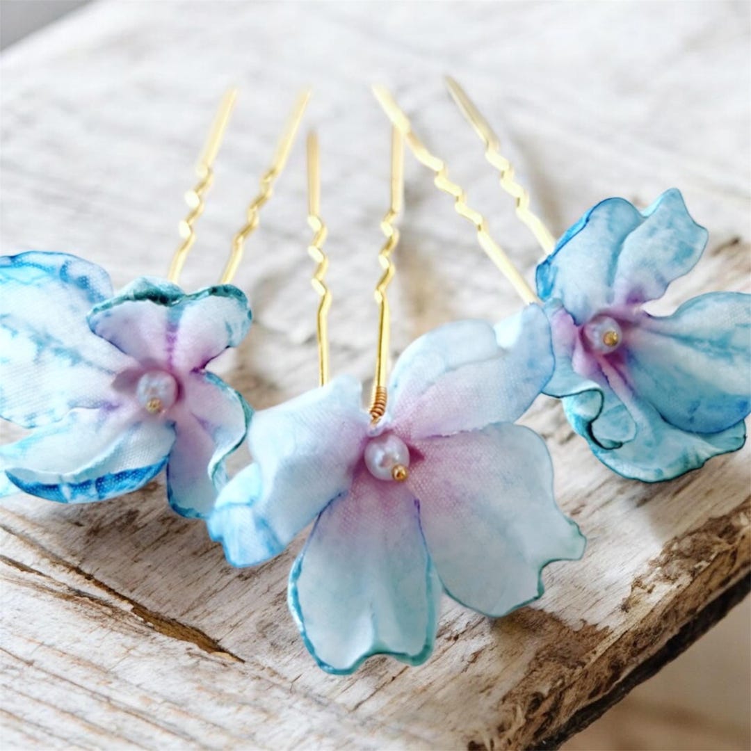 Blue Flower Hair Pins, Set of 3 Blue and Gold Silk Flower Hair Pins - Etsy