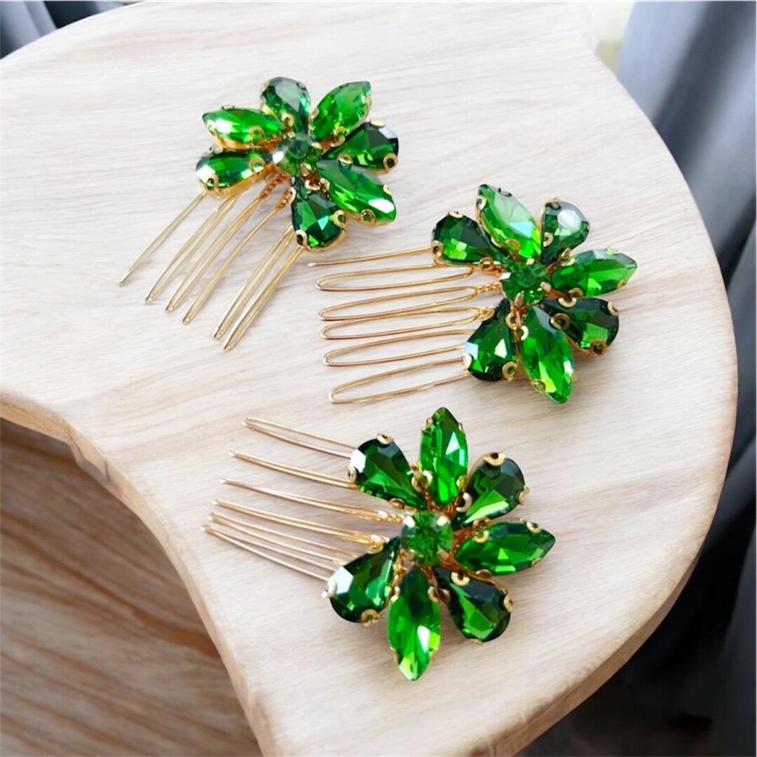 Set of Three Peridot Green Crystal Hair Combs, Green and Gold Headpiece ...