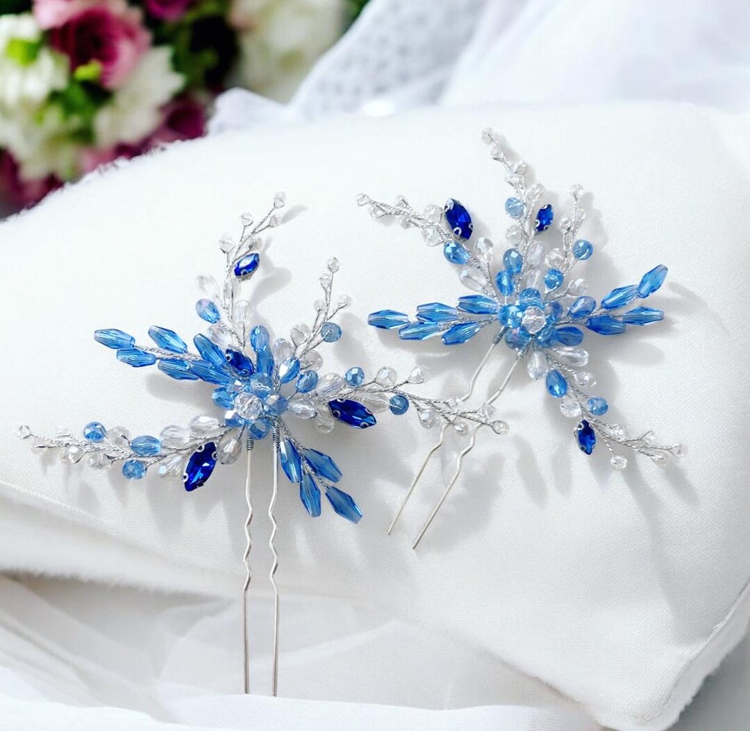 Blue Crystal Bridal Hair Pins: Wedding Hair Accessories (set of 2) - Etsy