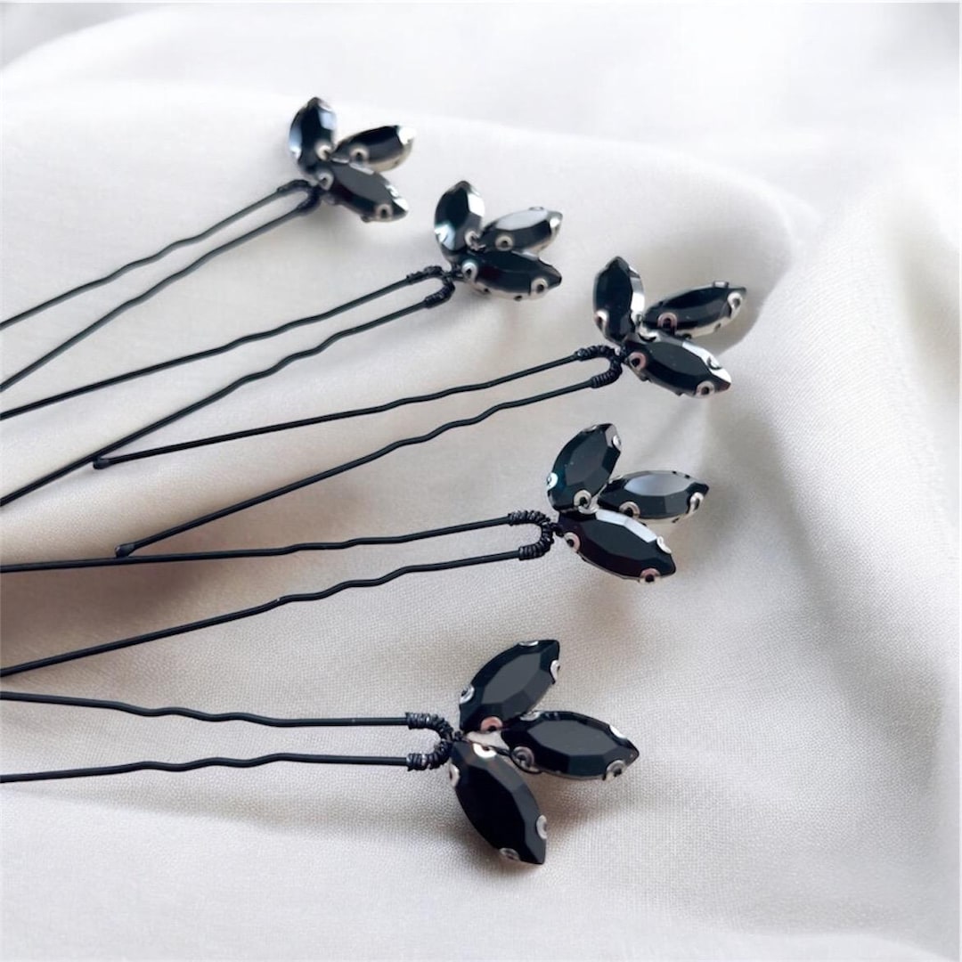 Black Crystal Hair Pins, Black Bridal Hair Pins, Set of 5 Occasion Hair ...