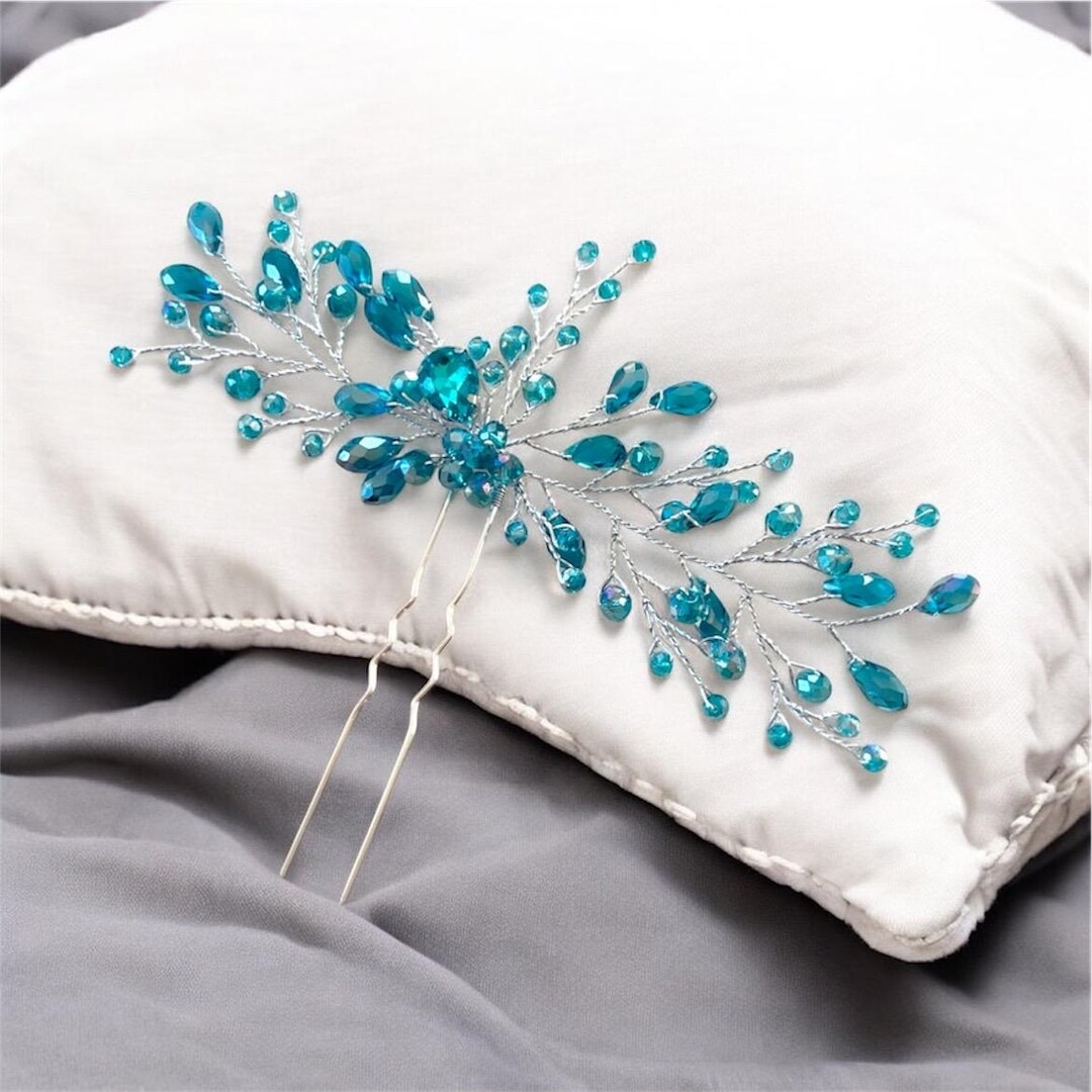 Blue Crystal Hair Pin, Blue Bridal Hair Pin, Turquoise Hair Piece - Etsy