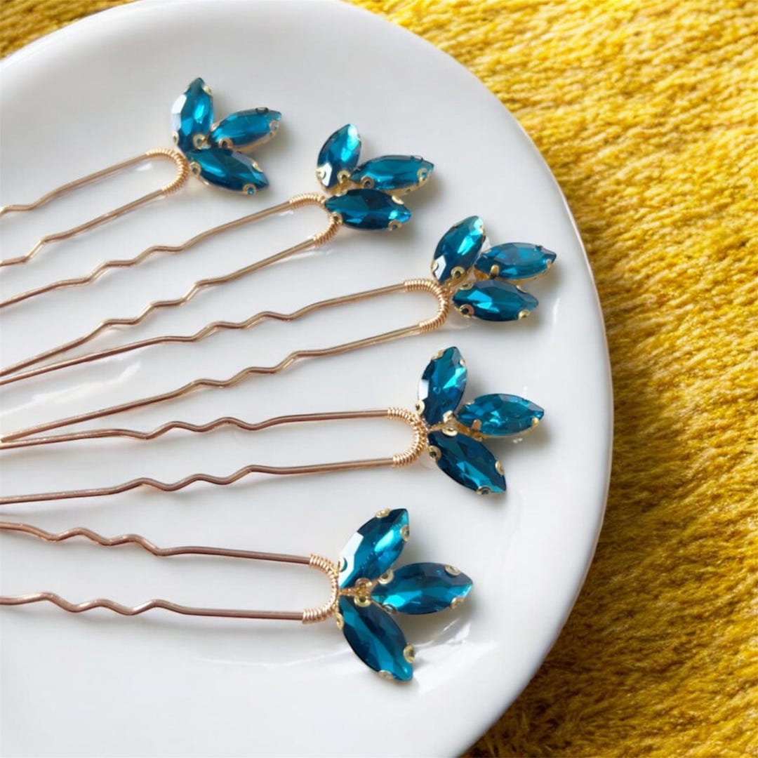 Teal Crystal Hair Pins: Peacock Blue Bridal Hair Accessories, Set of 5 ...