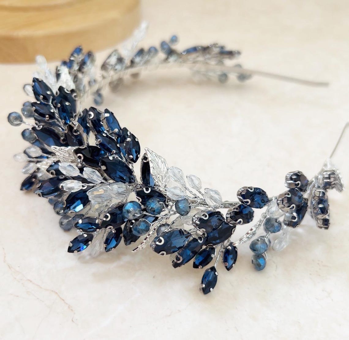 Navy Blue Crystal Bridal Tiara, Silver Leaf Headpiece - Etsy