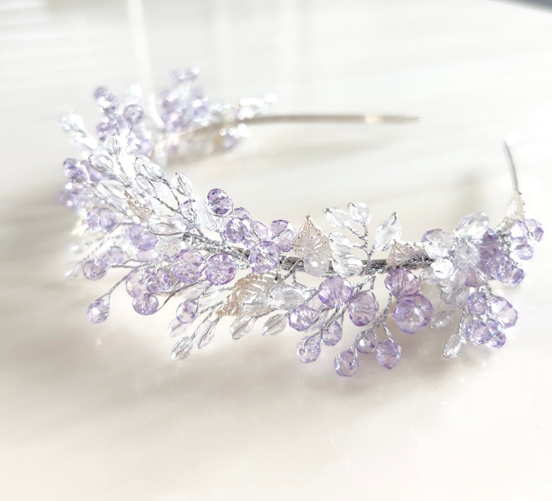 Boho Bridal Headpiece, Lilac Crystal Headband, Silver Leaf Tiara, Lilac ...