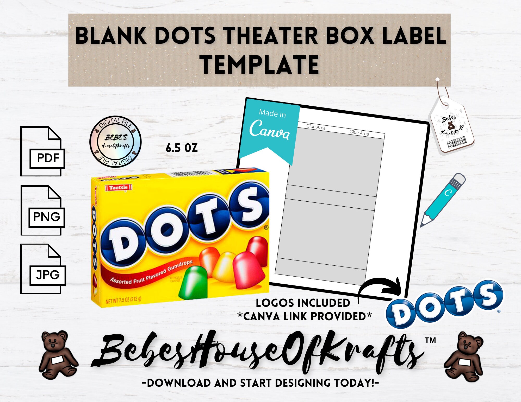Blank Dots Theater Box Label Template Canva Link DIY Label Digital ...