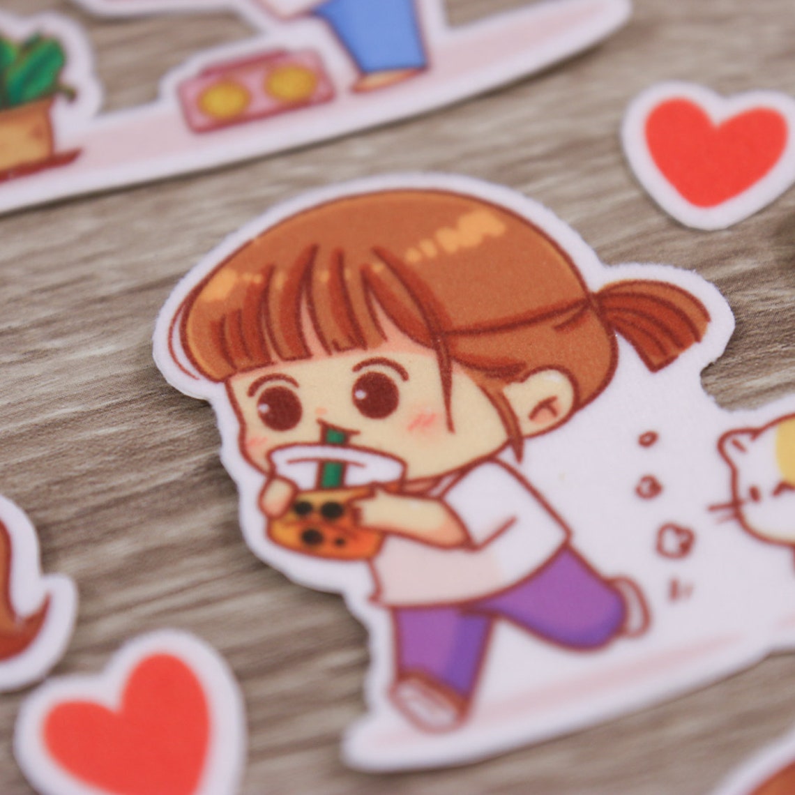 Flocked Stickers Pack of 16 Cute Stickers Happy Girl and Her Kitten ...