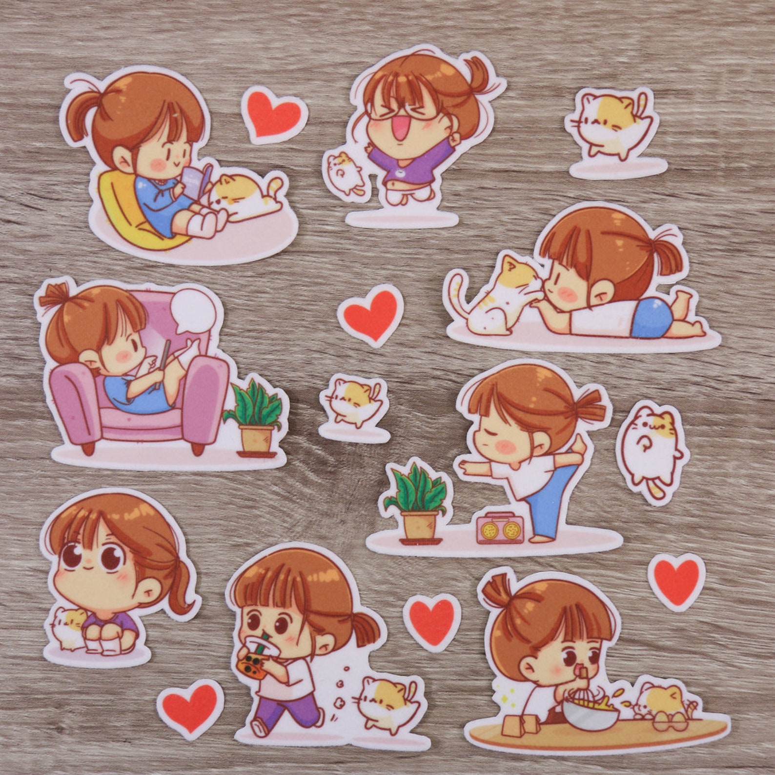 Flocked Stickers Pack of 16 Cute Stickers Happy Girl and Her Kitten ...