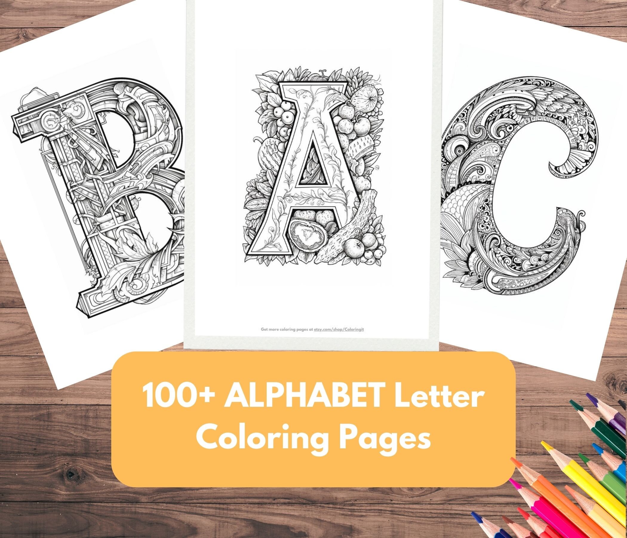 100 Alphabet & Numbers Coloring Pages, Sheets Bundle A-Z Floral Wreaths ...
