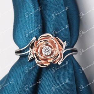 Solitaire Natural 3mm Diamond Ring/ David Design Rose Flower Ring 14k ...