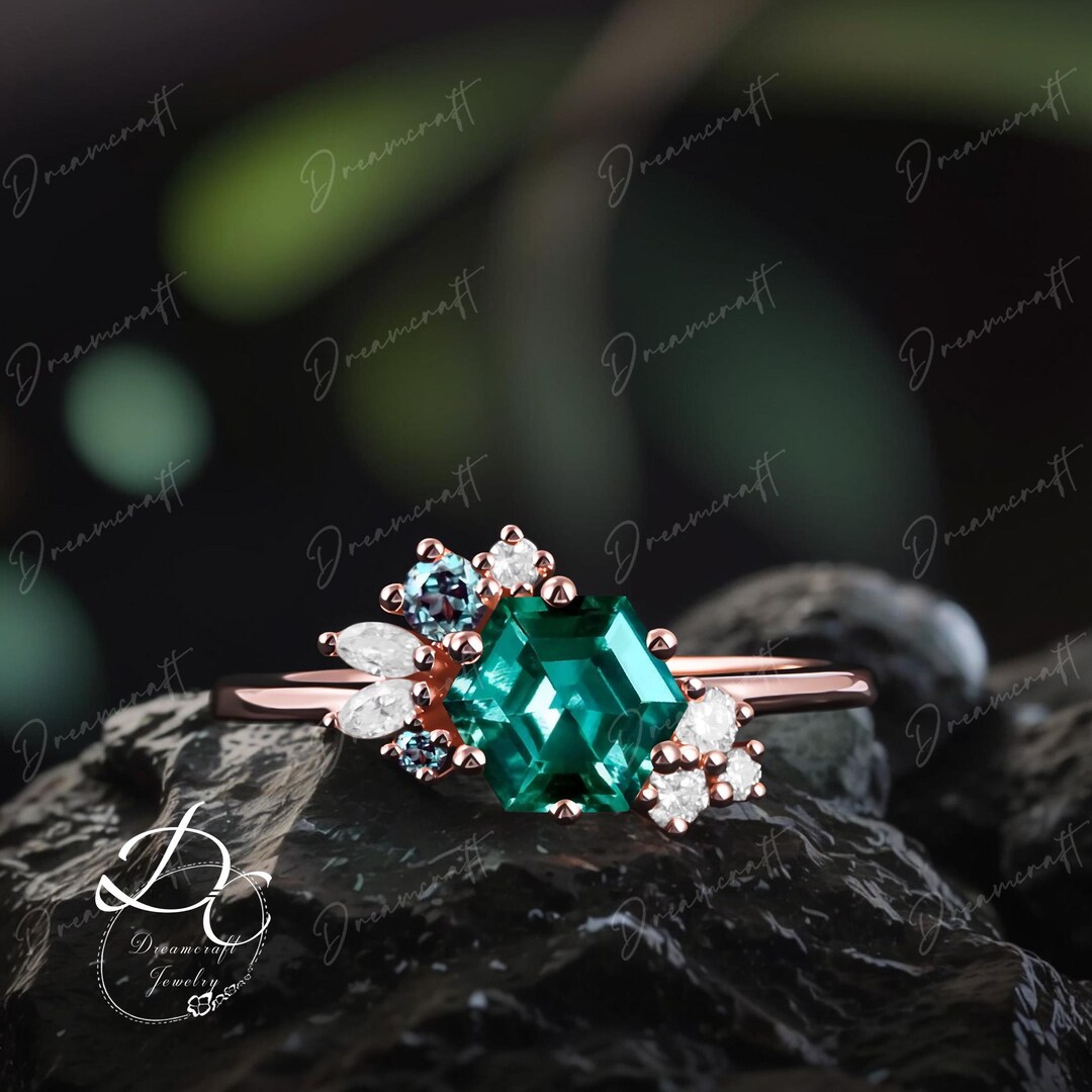 Vintage Hexagon Cut Emerald Ring Rose Gold Unique June Birthstone ...