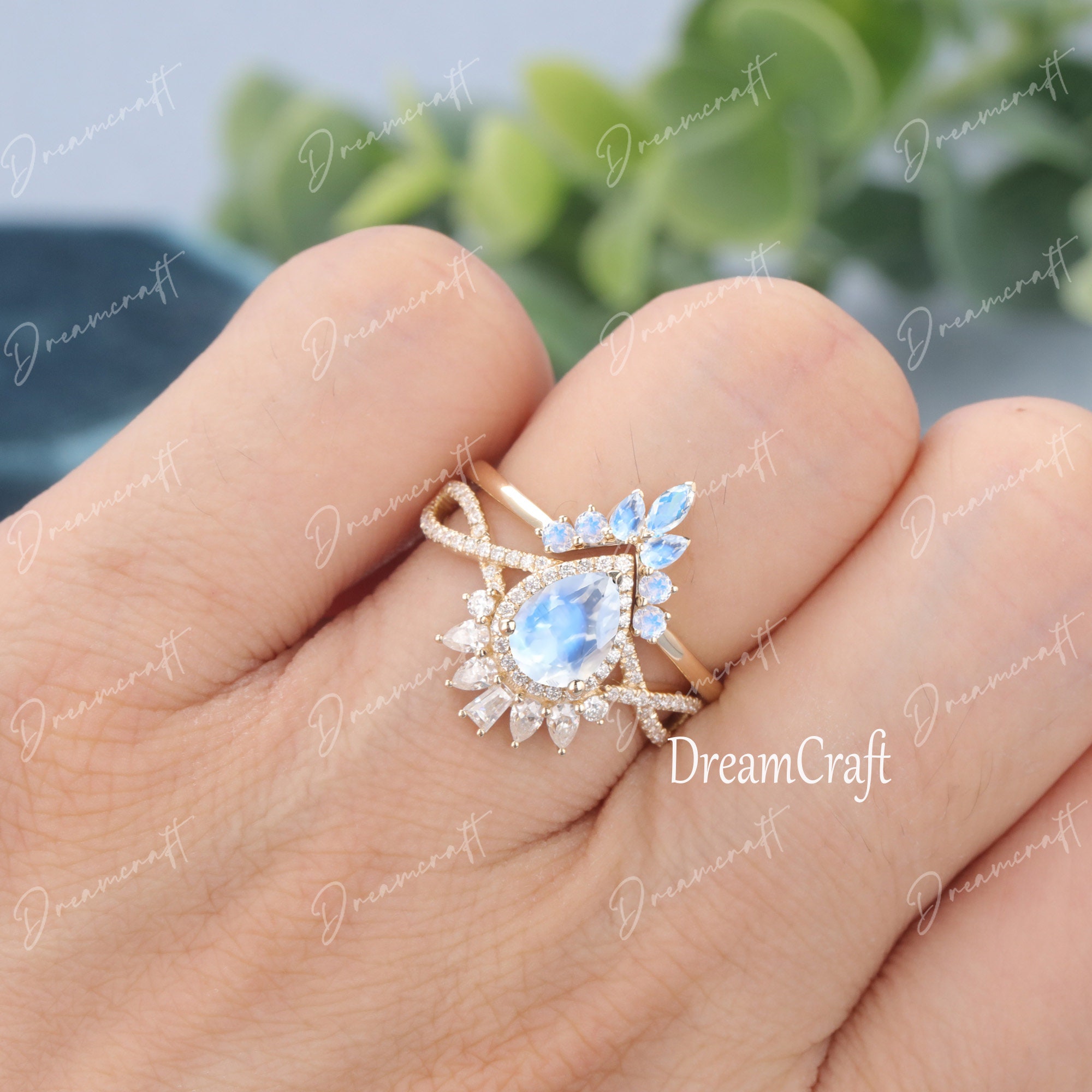 Pear Shape Moonstone Engagement Ring Sets Unique Engagement - Etsy