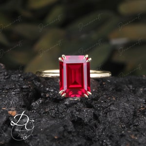 Emerald Cut Ruby Engagement Ring 4ct Solid 14K Gold Promise Ring Solitaire Ring Red Gemstone ...
