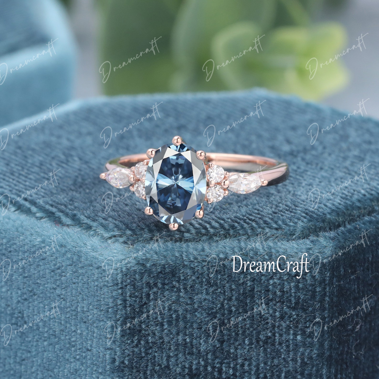Blue Grey Moissanite Engagement Ring Oval Cluster Ring Vintage Solid ...