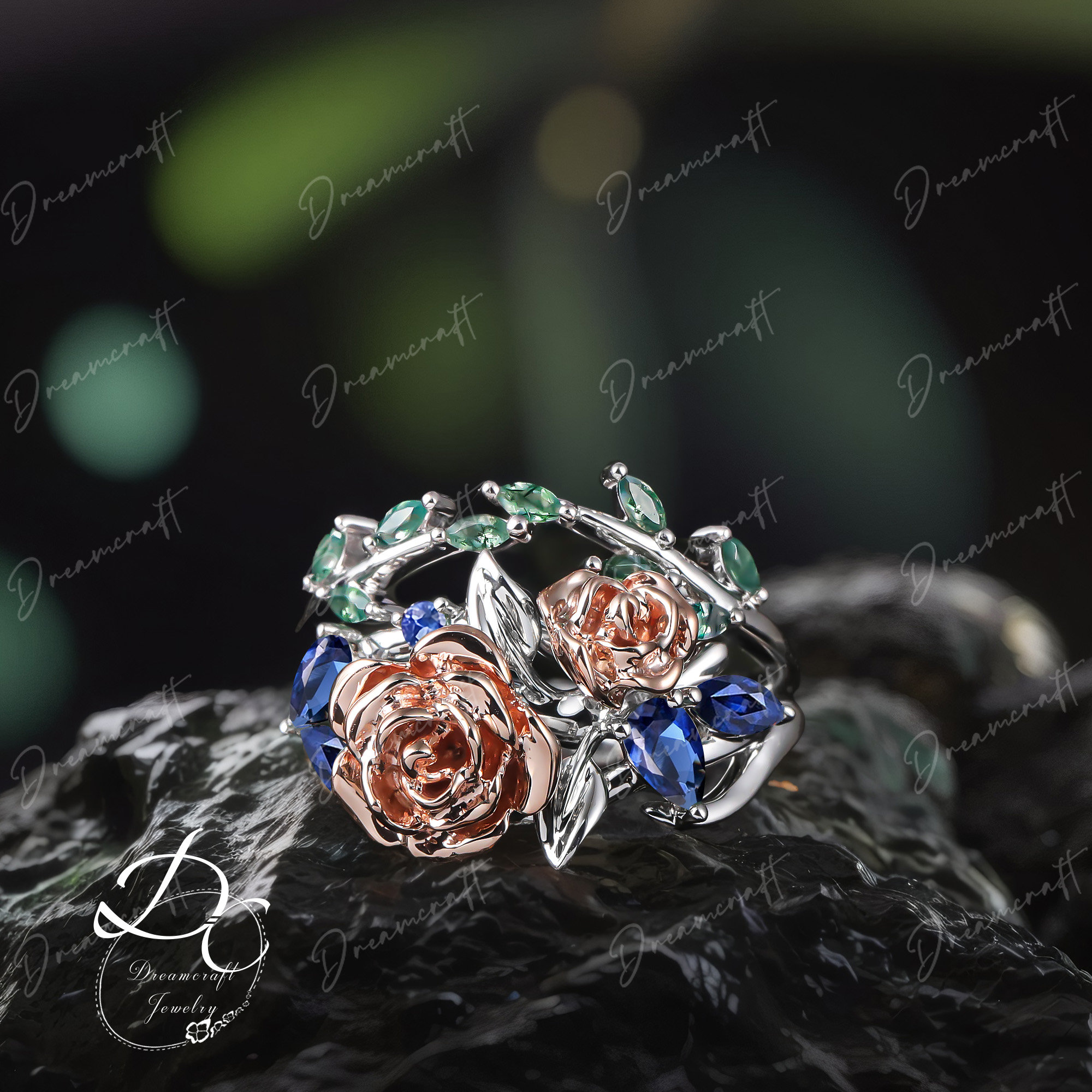 Art Deco Rose Flower Blue Sapphire Engagement Ring Set Women Gemstone ...
